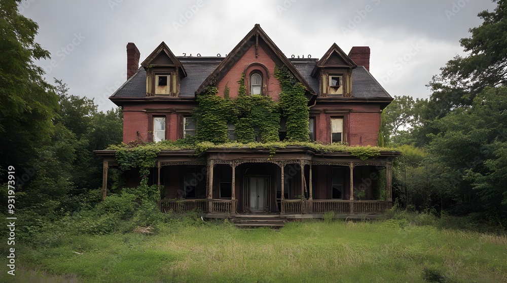 60. **A neglected historic mansion with vines covering its once-grand ...