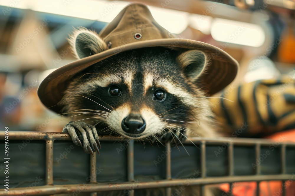 A curious raccoon in a safari hat peeks out from behind a luggage ...