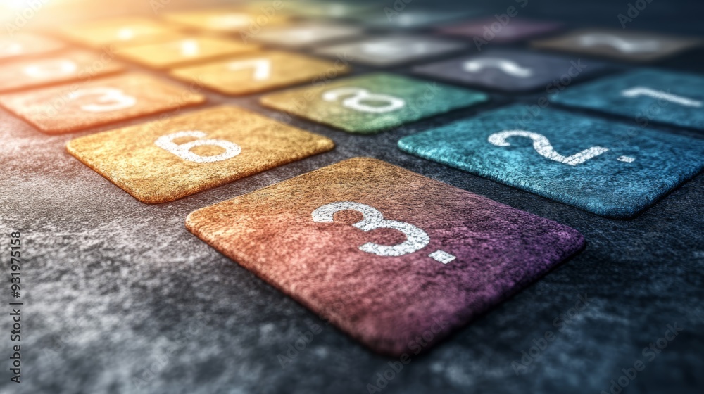 Colorful number tiles arranged on a textured surface, creating a ...