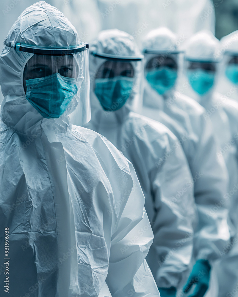 Healthcare workers in full protective suits and face shields, focusing ...