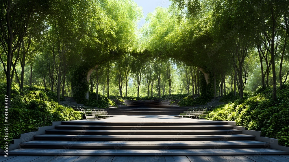 56. **A vacant outdoor amphitheater with nature overtaking the seating ...