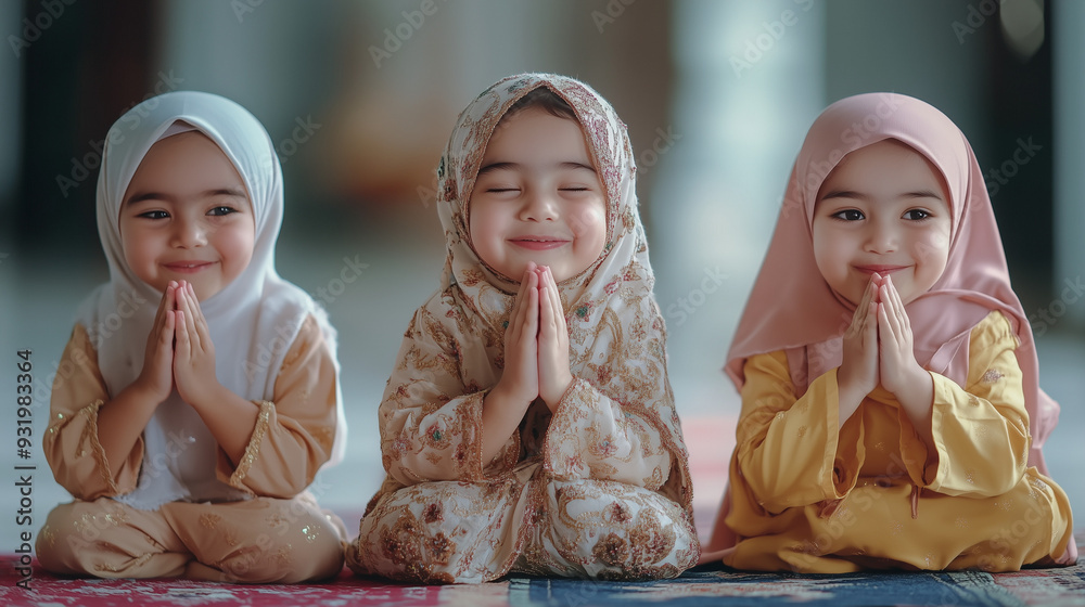 Three young Muslim girls, dressed in traditional attire, joyfully pray ...