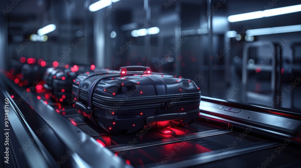 Suitcases on a conveyor belt with red security scanning lights in dimly ...