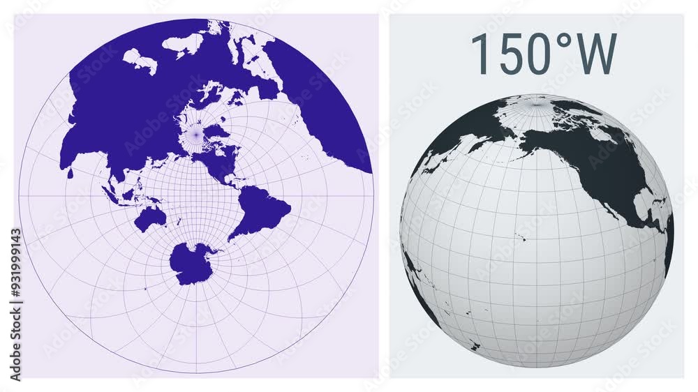 World map animation in stereographic projection. Solid color style ...