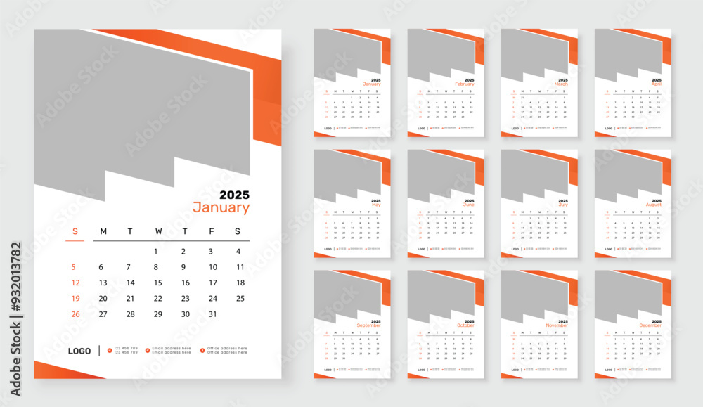 2025 Wall calendar template, corporate 12 month wall calendar 2025 ...