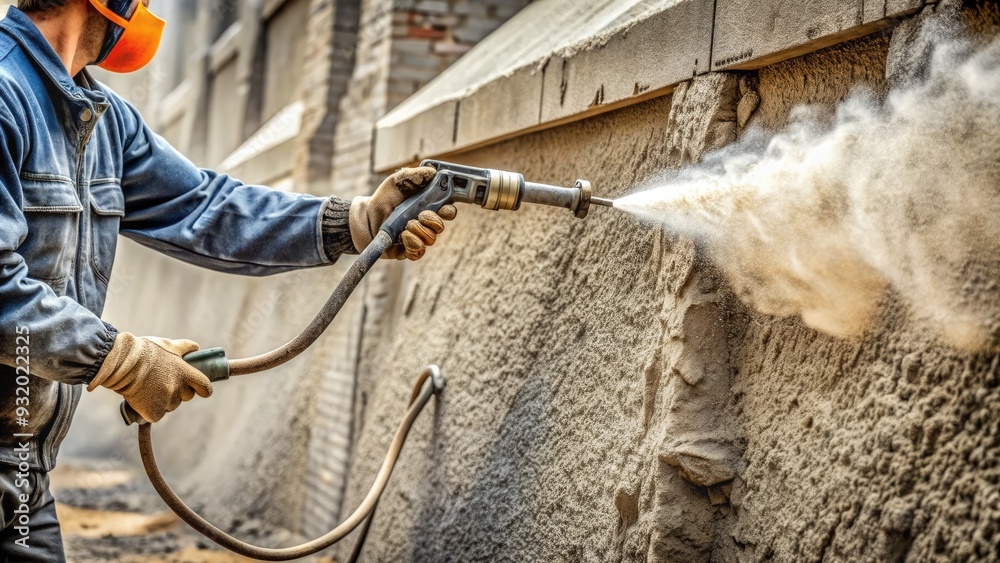 Close-up of a worker's hand operating a pneumatic nozzle, spraying a ...