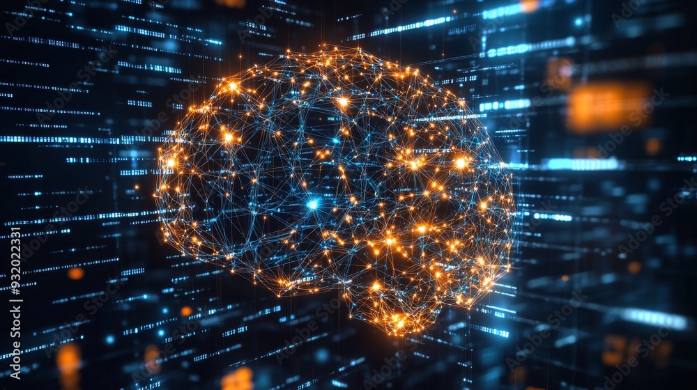 Abstract representation of AI with a network of glowing neural connections, forming a human ...