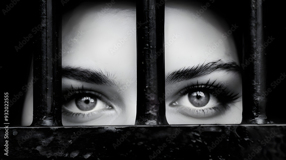 Woman eyes prisoner behind prison bars Incarceration Detention Criminal ...