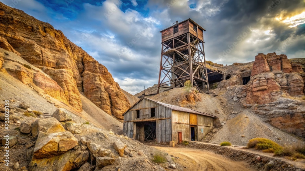 Eerie view of abandoned mine shaft with isolation and stark rock faces ...