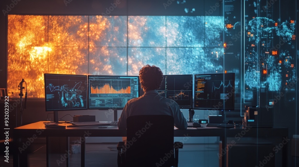 A researcher using AI to predict climate patterns, surrounded by ...