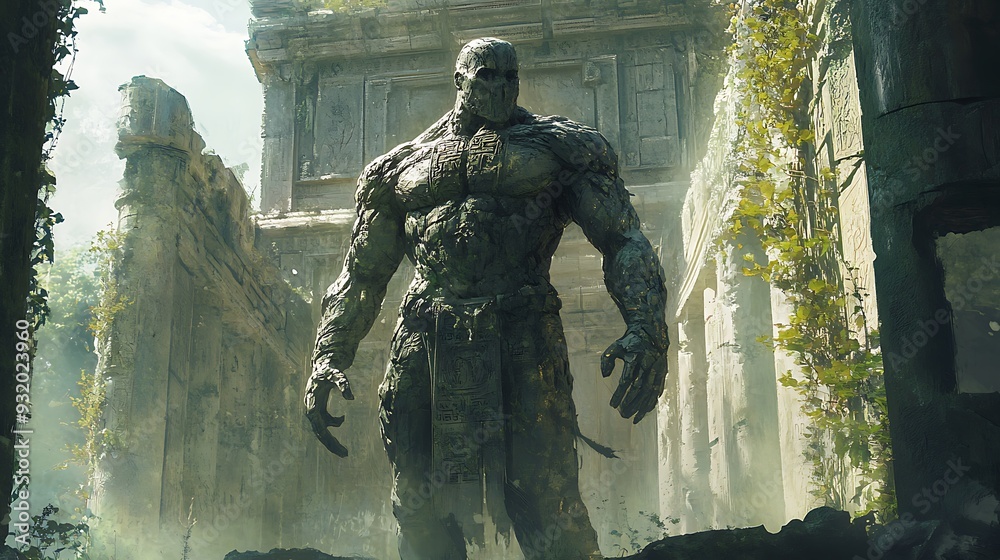 Stone Warrior Guardian in Ancient Temple Ruins - Concept Art of ...