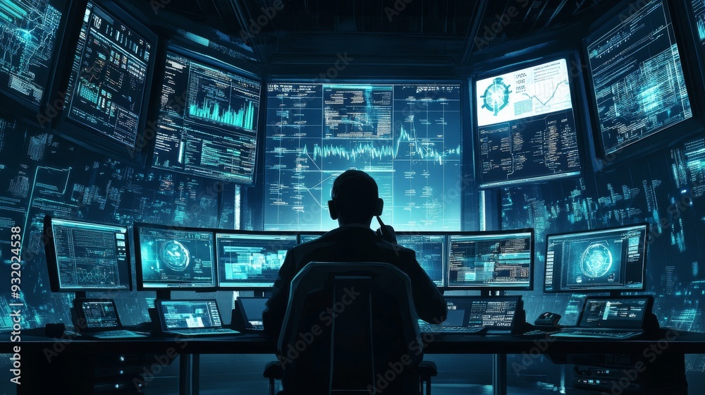 A cybersecurity professional analyzing AI-generated reports on potential threats, with multiple ...