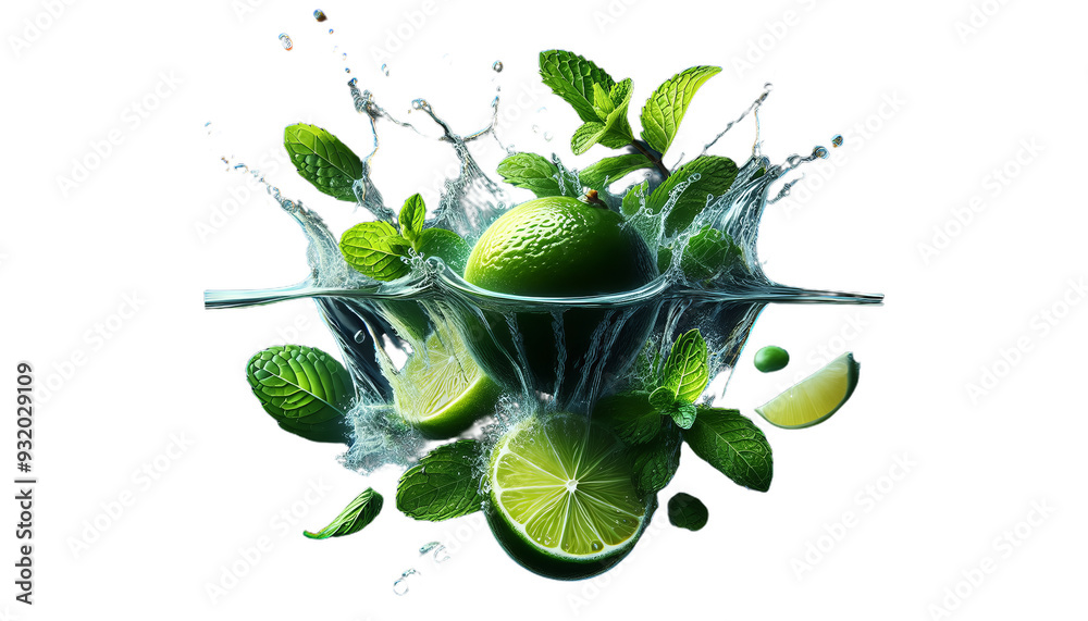 Vibrant limes and mint leaves make a splash in water, capturing the essence of freshness in a ...