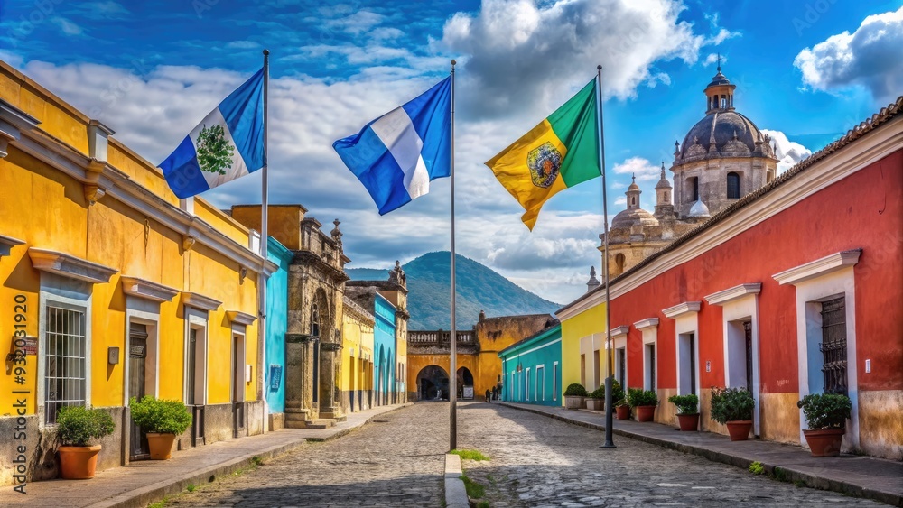 Colorful Guatemalan flags wave proudly in front of vibrant colonial ...