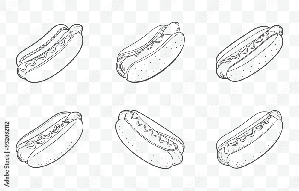 Print Hot Dog Line Art Vector Set with Detailed Illustrations of ...