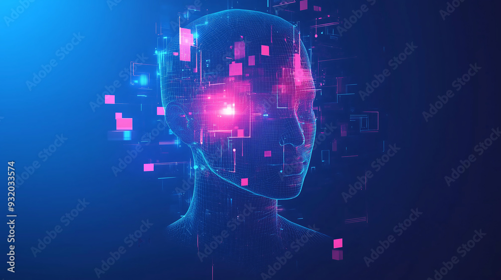 digital human head with glowing eyes and an AI-inspired background ...