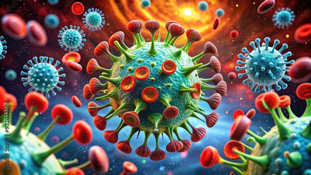 Colorful illustration of a virus particle with spiked protein shells ...