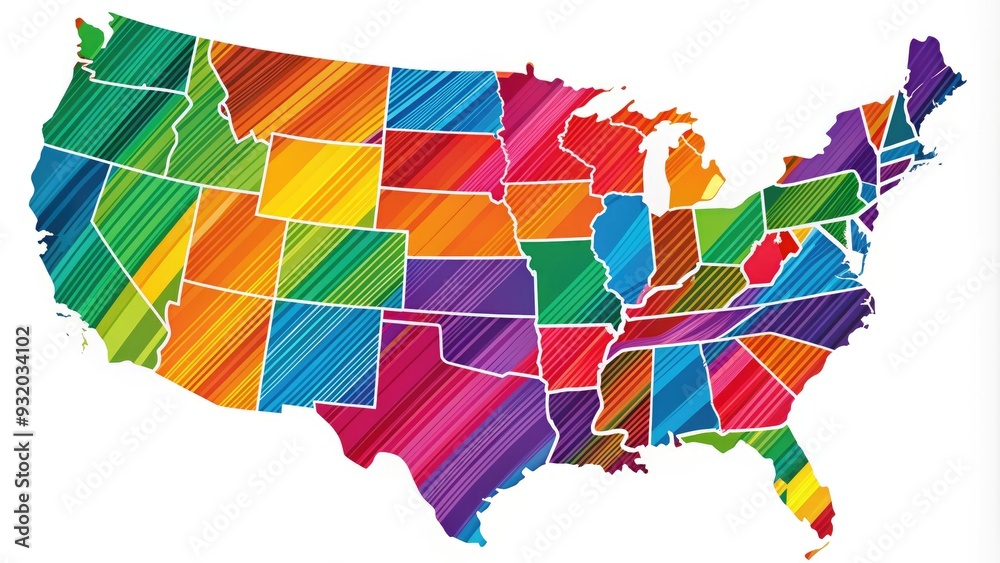 Colorful illustration of the United States map with bold lines and ...