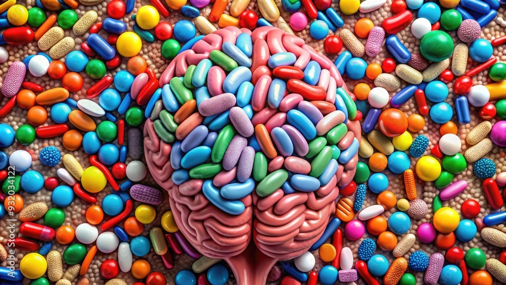 Colorful illustration of the human brain with pills and capsules ...