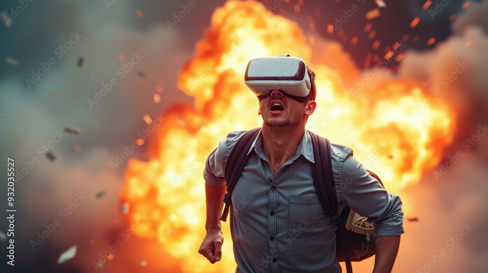 Man in VR headset stands in a virtual explosion. He's scared and ...