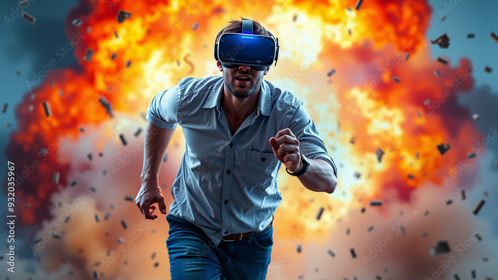 Man running through explosion in VR headset. Fiery debris, chaotic ...
