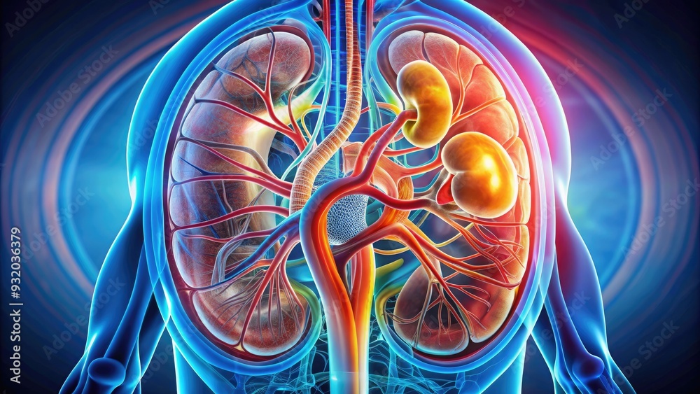 ภาพประกอบสต็อก Colorful medical illustration of kidney ultrasound scan ...