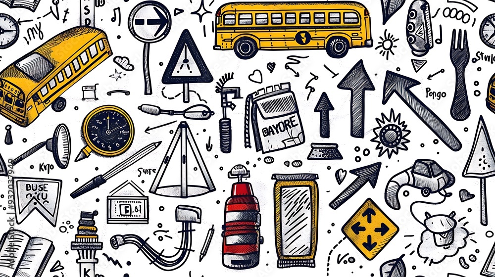 A seamless doodle pattern featuring school bus essentials like yellow ...