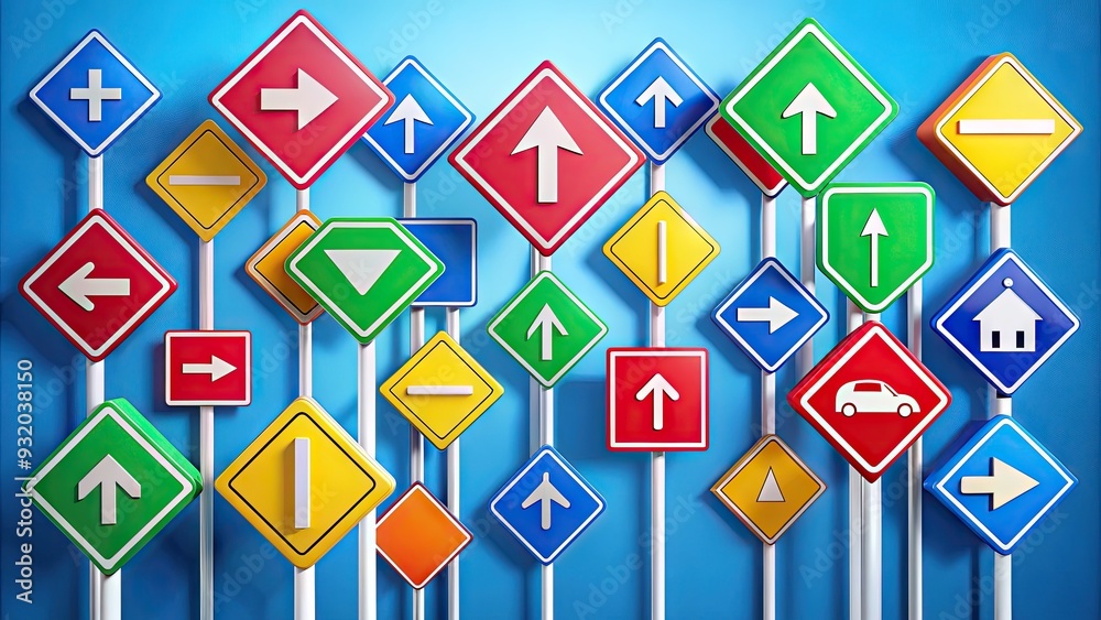 Colorful road sign icon set featuring various car symbols, including ...