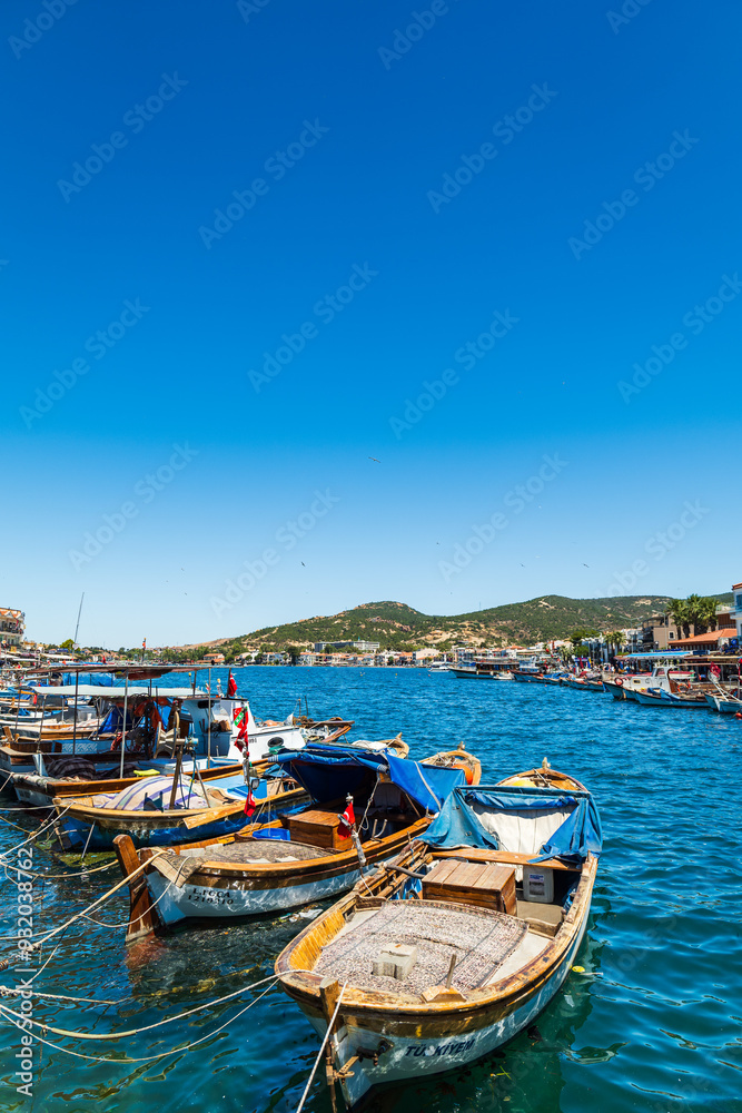 Foca, Turkey - 07.05.2024: Eski Foca waterfront view by harbour on the ...
