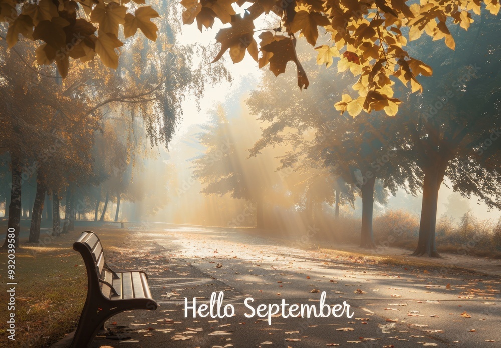 "Hello September" autumn trees in the park, with text written on it ...