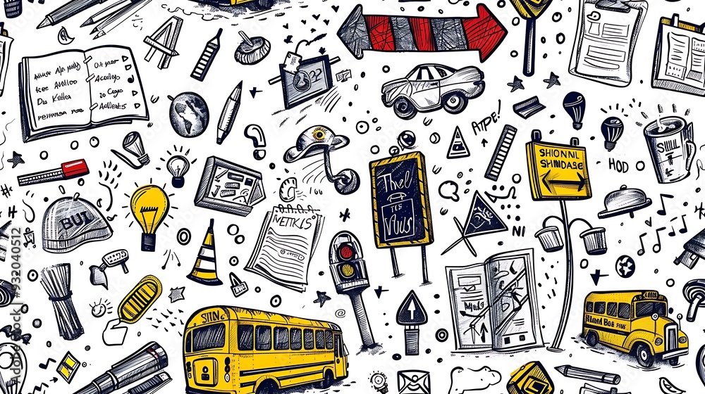 A seamless doodle pattern featuring various school bus elements like ...