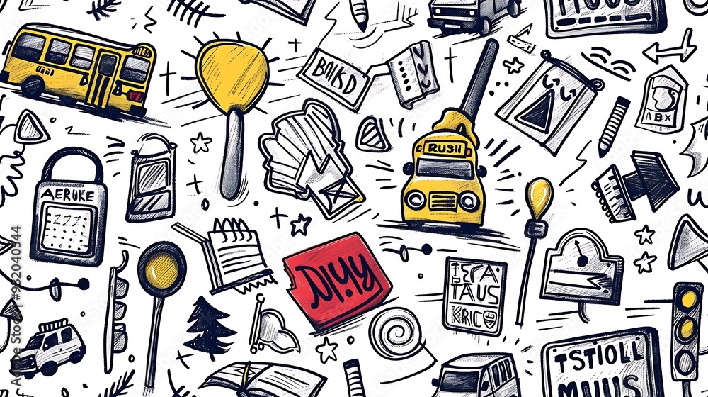 A seamless doodle pattern featuring various school bus elements like ...
