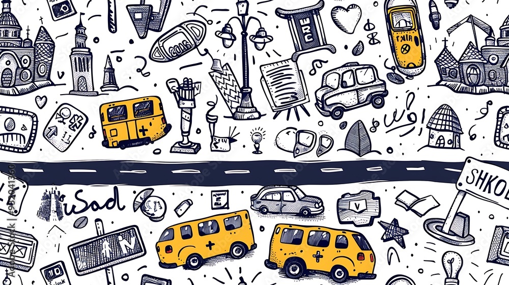 A seamless doodle pattern featuring yellow school buses, bus stops, and ...