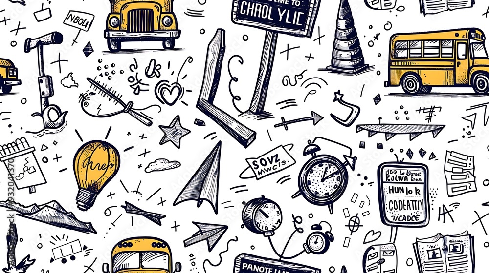 A seamless doodle pattern featuring yellow school buses, bus stops, and ...