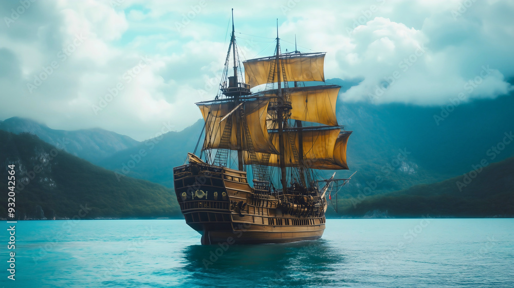 Pirate ship sailing the open sea under a menacing flag. Dark waters ...