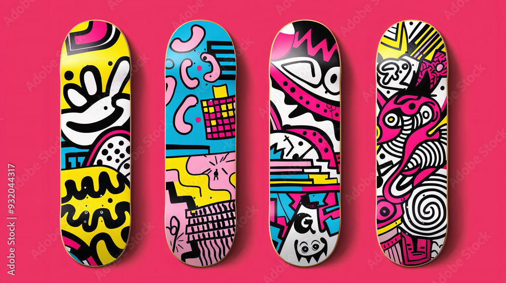 Four skateboard decks displaying eye-catching pop art designs with ...