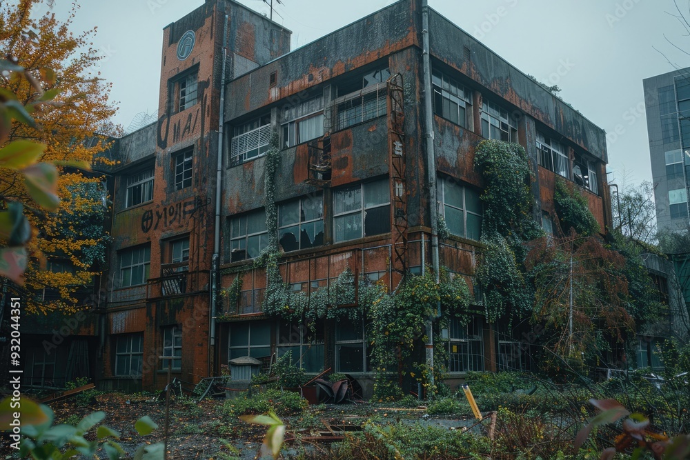An abandoned, overgrown office building with broken windows and rusted ...