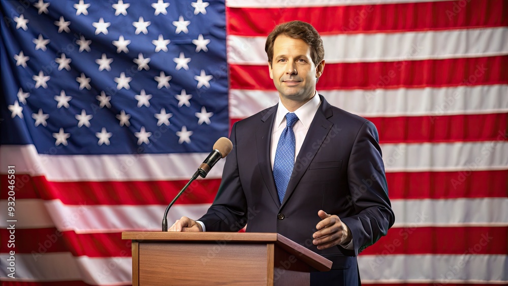 Conservative male politician in a suit speaking at a podium with the ...