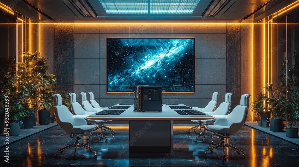 Dispetcher room with white chairs and an LED screen on wall, gray walls ...