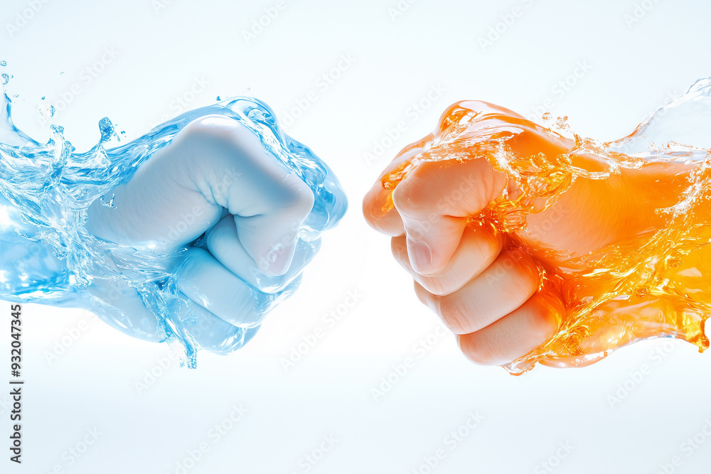 Two fists clashing, one is fire and the other ice, against a white ...