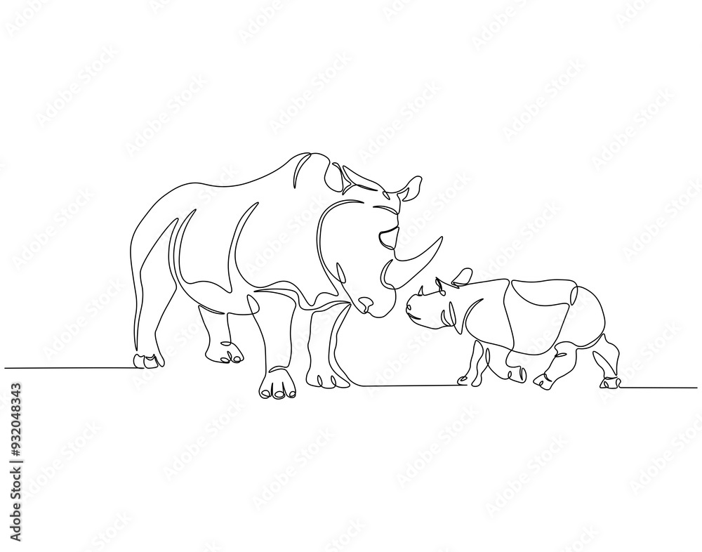 Continuous one line drawing of rhino with baby rhino. Single line ...