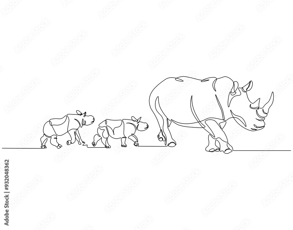 Continuous one line drawing of rhino with baby rhino. Single line ...