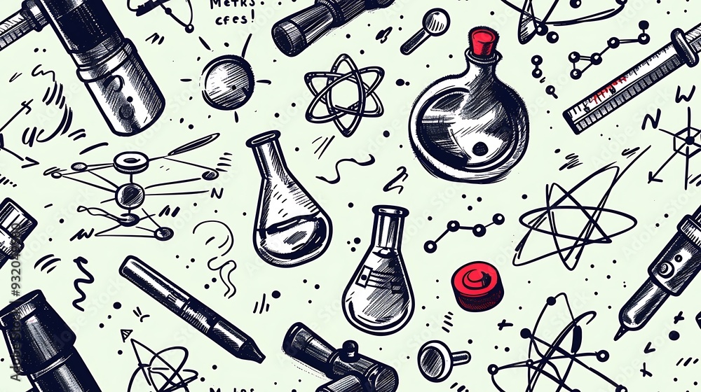 A seamless pattern filled with doodles of lab equipment, including ...