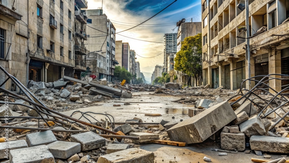 Cracked and broken concrete blocks, twisted metal bars, and rubble ...