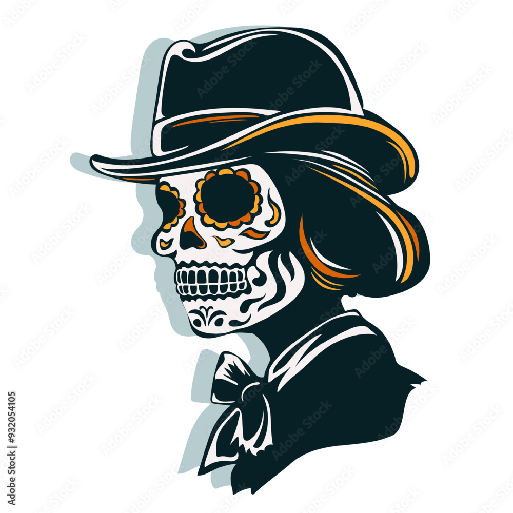 Cartoon illustration of la Calavera Catrina in a hat isolated on white ...
