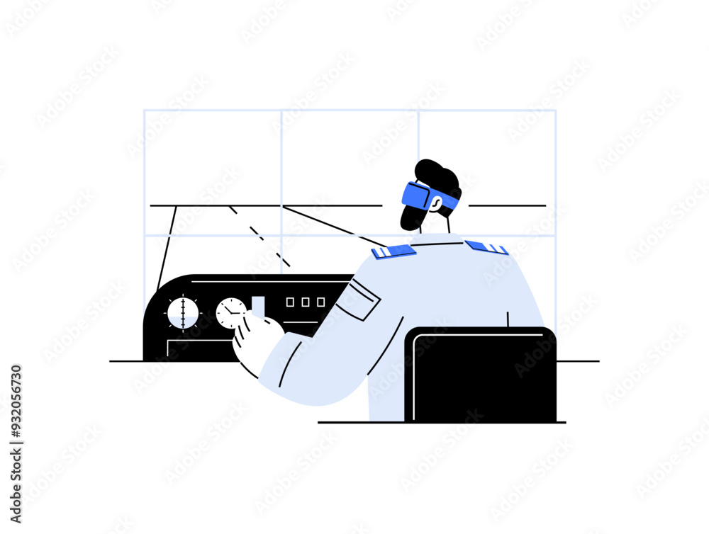 Depiction of a pilot with VR headset operating a flight simulator in a ...