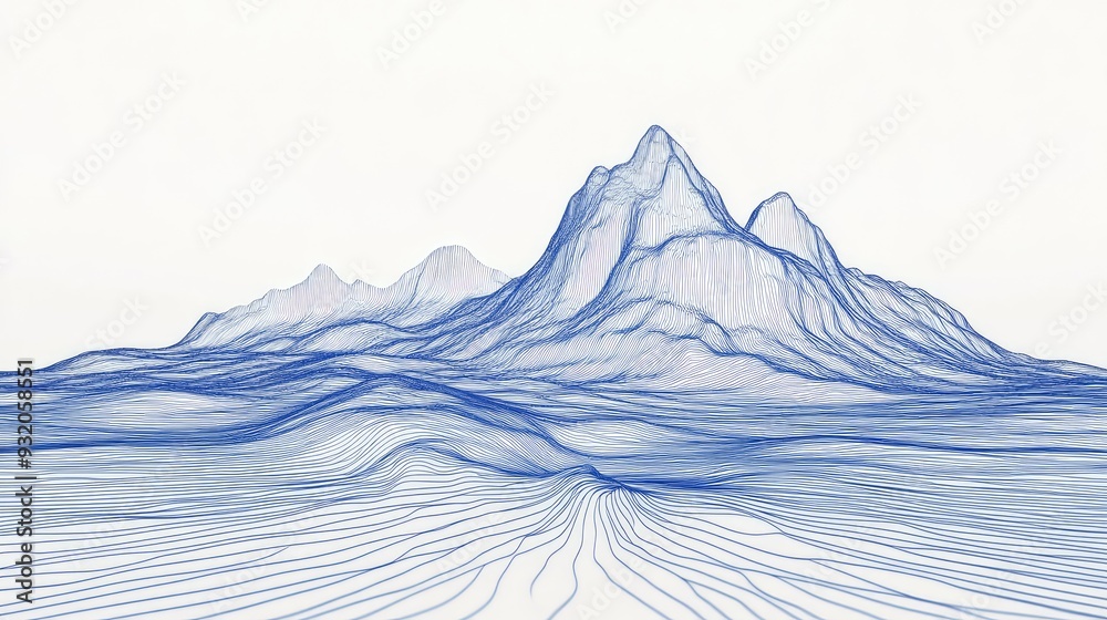 Minimalist wire drawing of a mountain and river, blue contour lines on ...