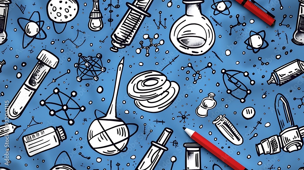 A seamless pattern of doodles with science lab tools such as ...