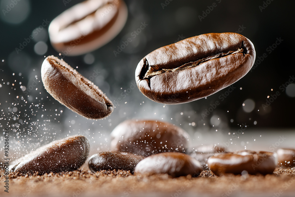 Macro shot of coffee beans falling, with dust particles in the air ...