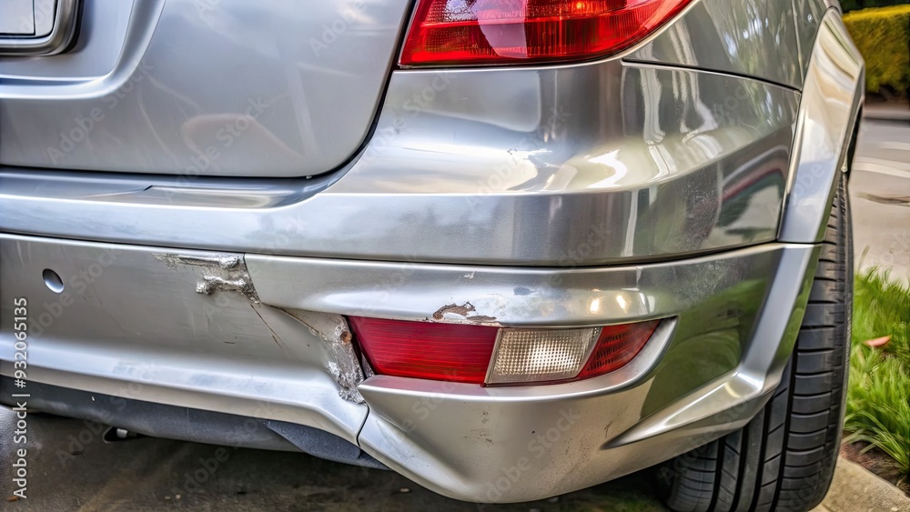 Dented and scratched rear bumper of a silver vehicle, with flaking ...